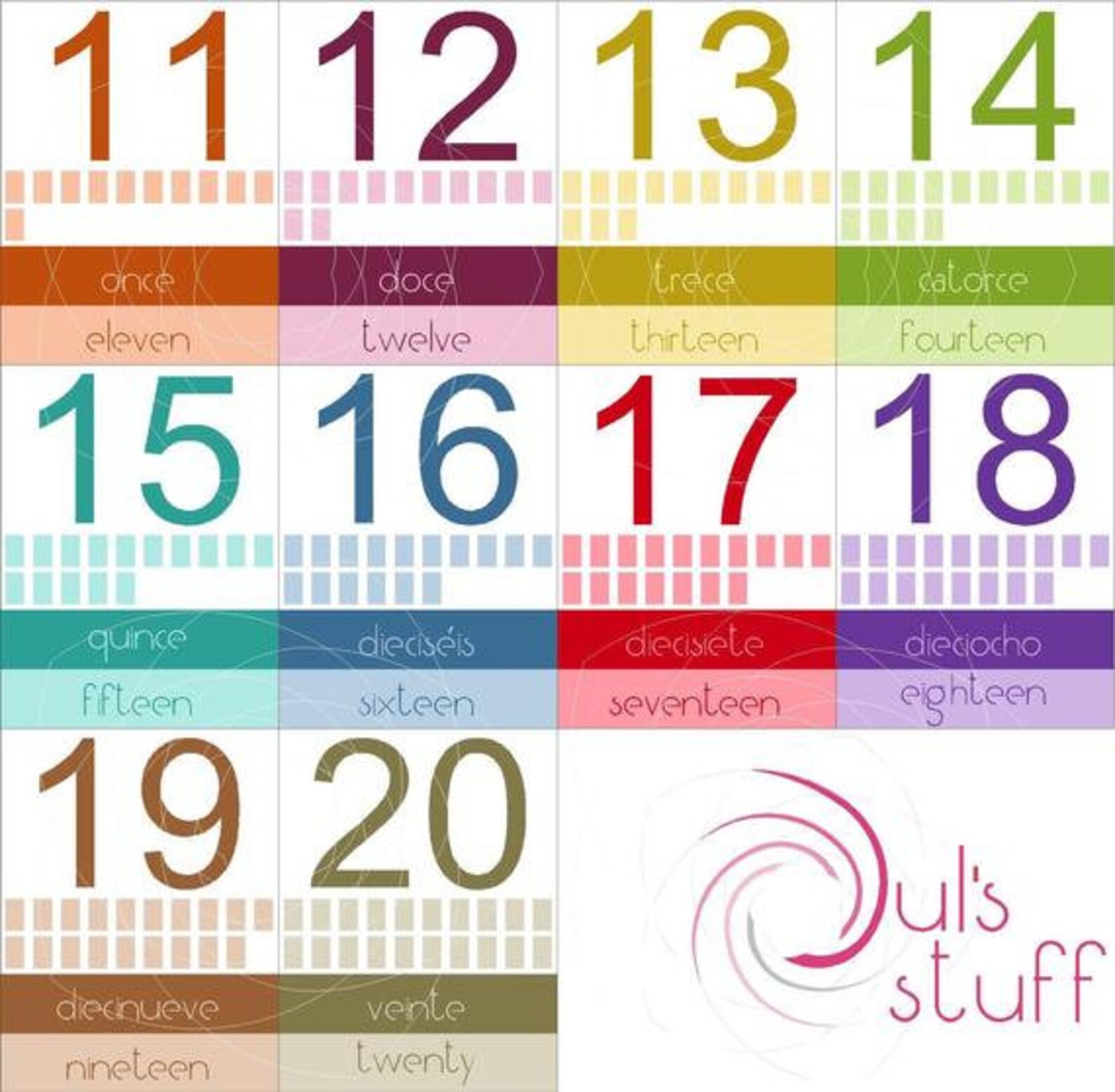 Printable Kids Numbers Flashcards 11 to 20 English-spanish | Etsy