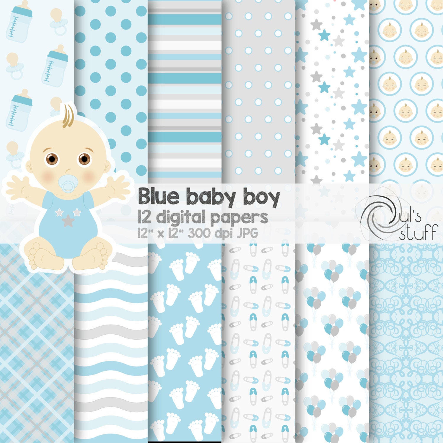 Baby Shower Boy Digital Paper Pack, Blue, Instant Download, 12" X 12 ...