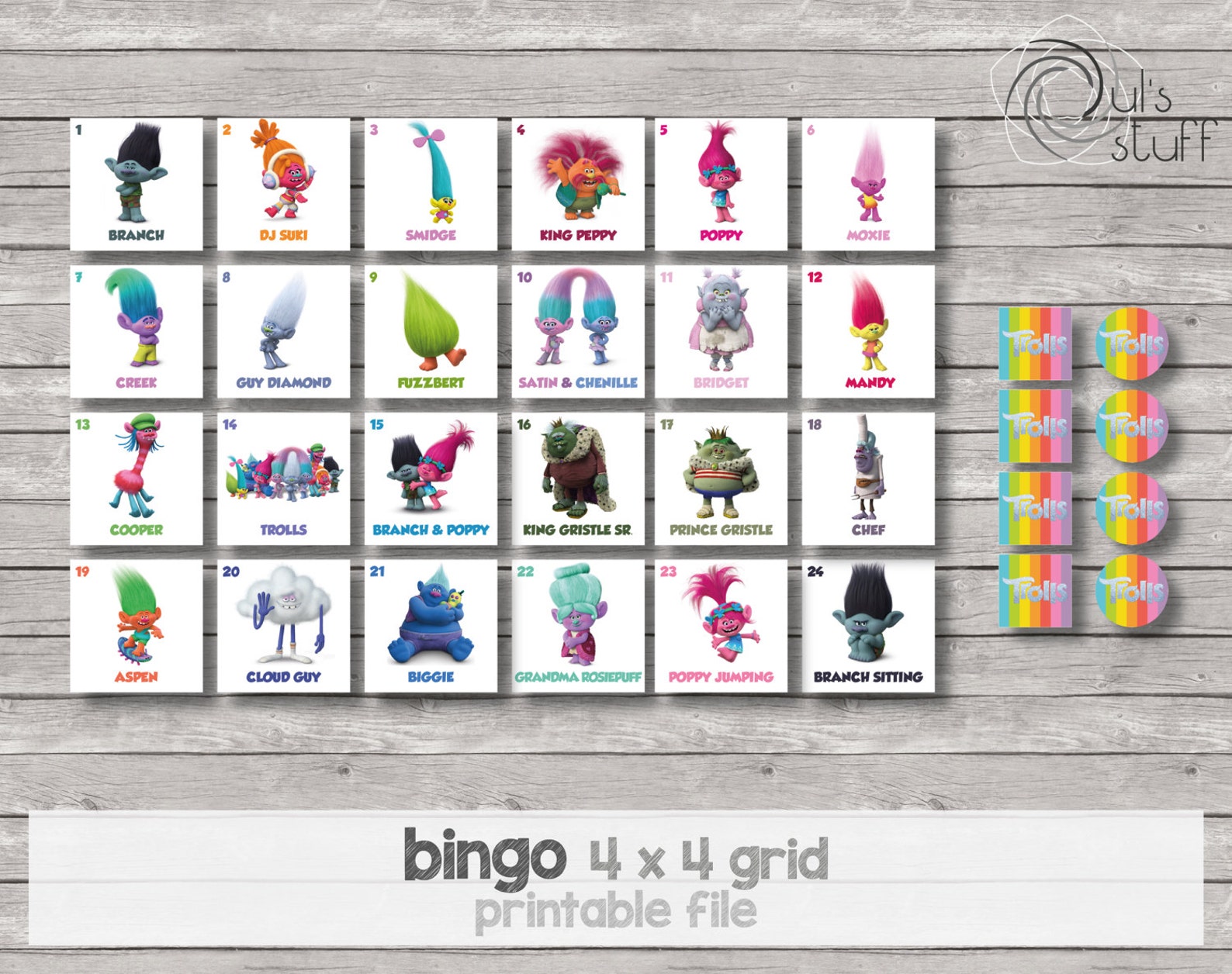 Trolls bingo 4 x 4 grid 1 card per page and 2 cards per page. | Etsy