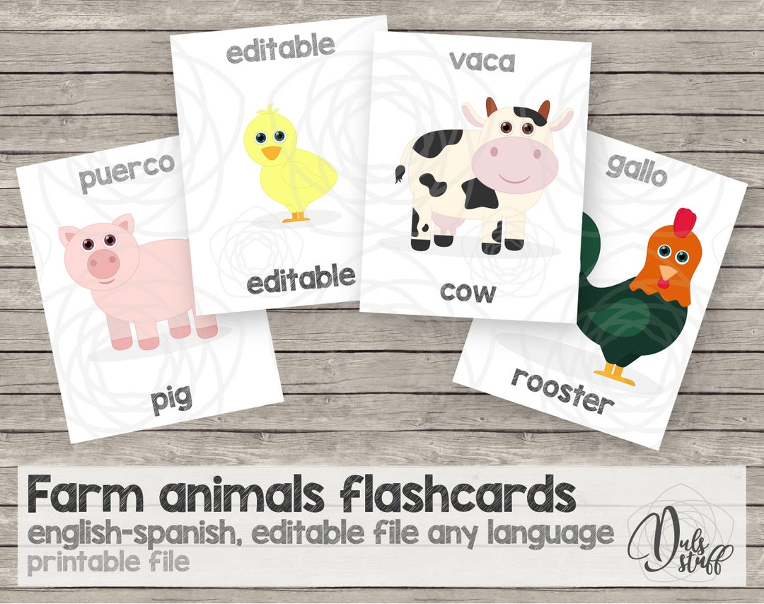 Printable Kids Farm Animals Flash Cards, English and Spanish, Printable ...
