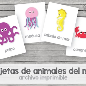 Printable Kids Sea Animals Flashcards, Spanish - Etsy