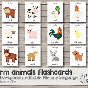 Printable Kids Farm Animals Flash Cards, English and Spanish, Printable ...