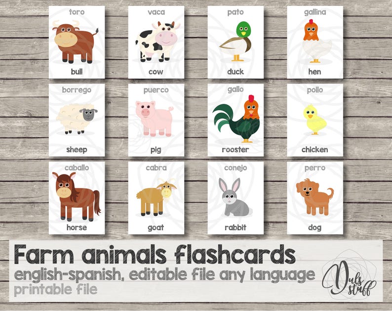 Printable Kids Farm Animals Flash Cards English and Spanish - Etsy Canada