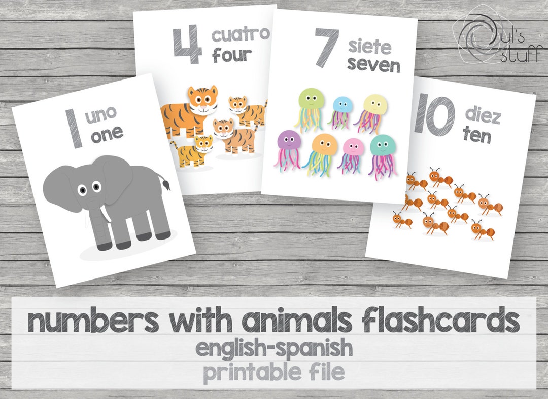 Printable Kid’s Numbers With Animals Flashcards English-spanish - Etsy