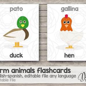 Printable Kids Farm Animals Flash Cards, English and Spanish, Printable ...