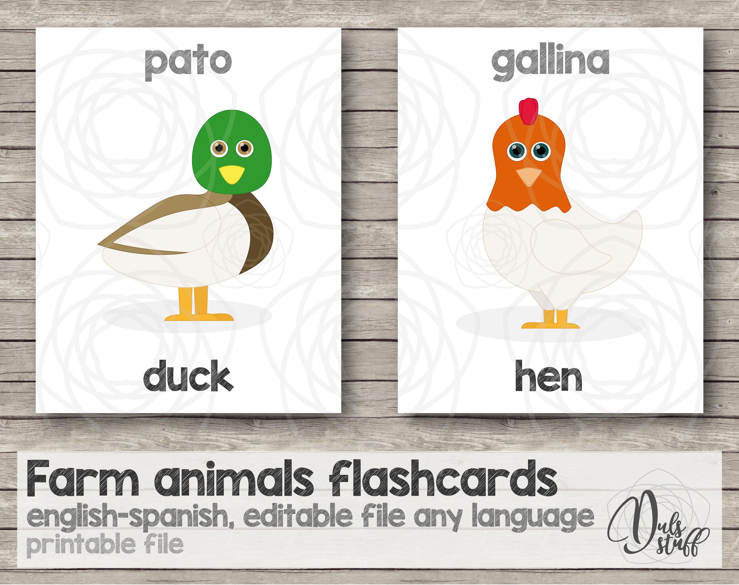 Printable Kids Farm Animals Flash Cards, English and Spanish, Printable ...