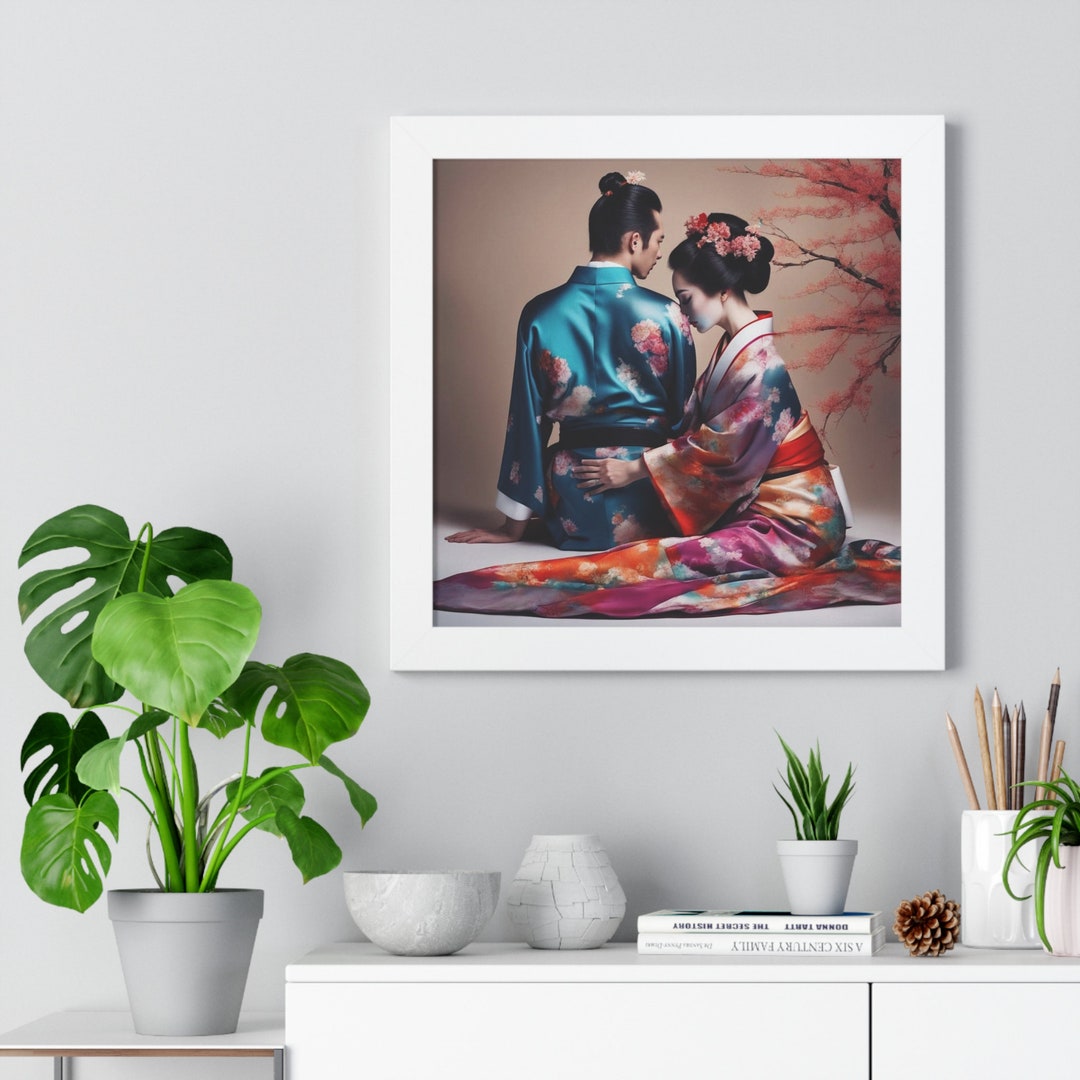 Elegant Geisha and Japanese Man in Floral Kimono Print - Etsy