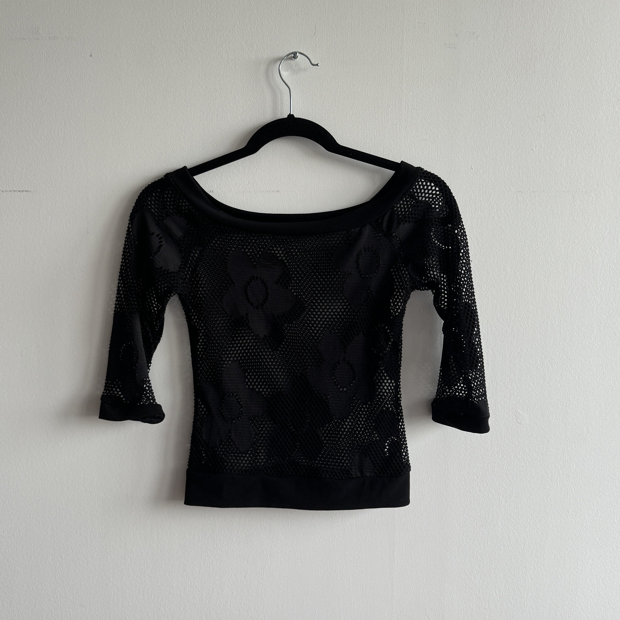 FLORAL MESH TOP Y2k Black off Shoulder Flower Print Sheer Sleeve Shirt ...