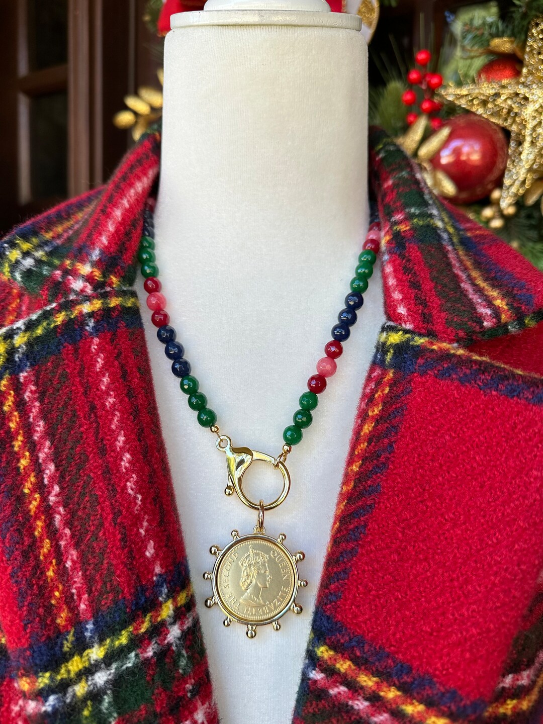 Jewel Tone Jade Necklace With Coin - Etsy