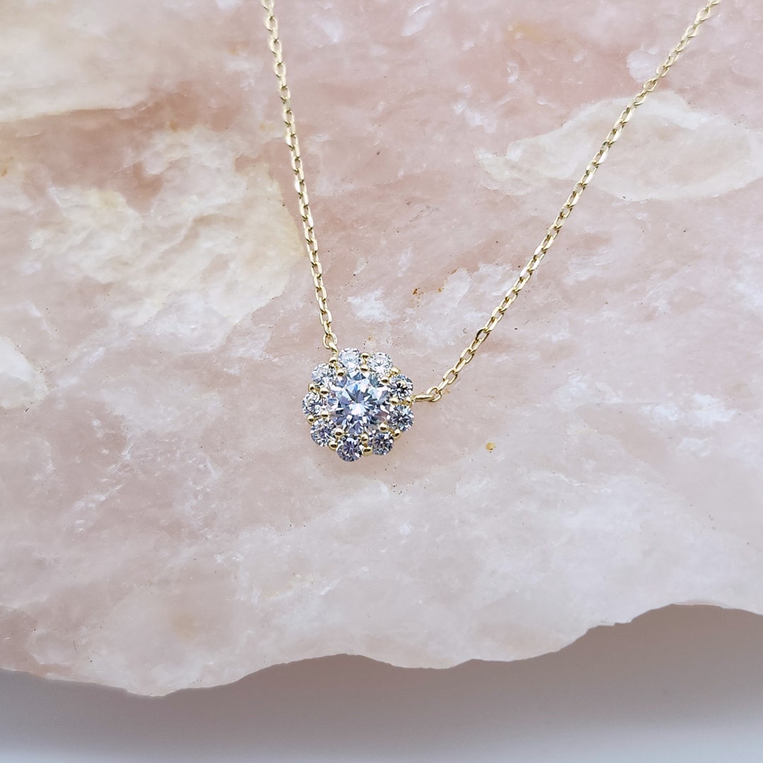 Crystal Flower Necklace, 14k Yellow Gold Solitaire Pendant, Simple Gold ...