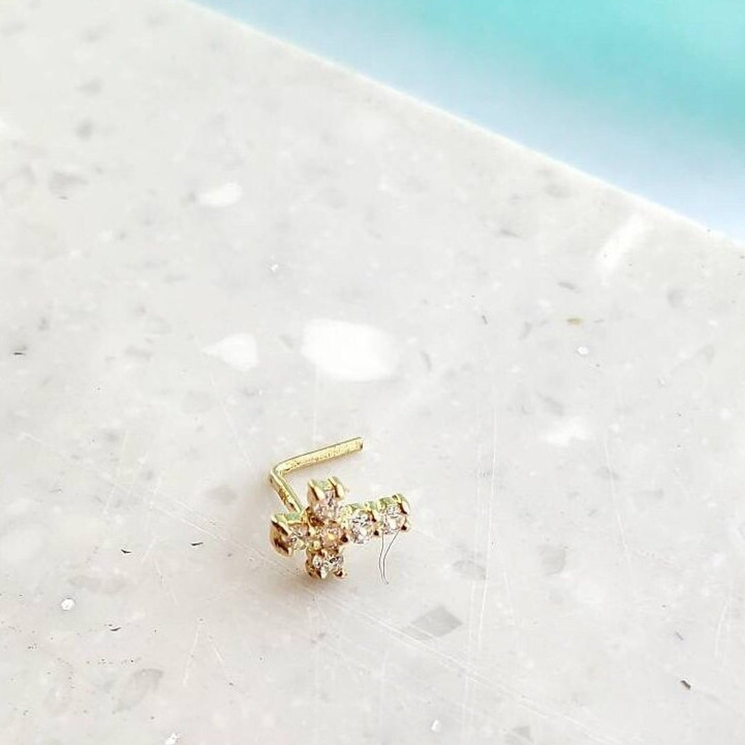 14K Gold Nose Ring, Cross Piercing Diamond Nose Ring Body Jewelry ...