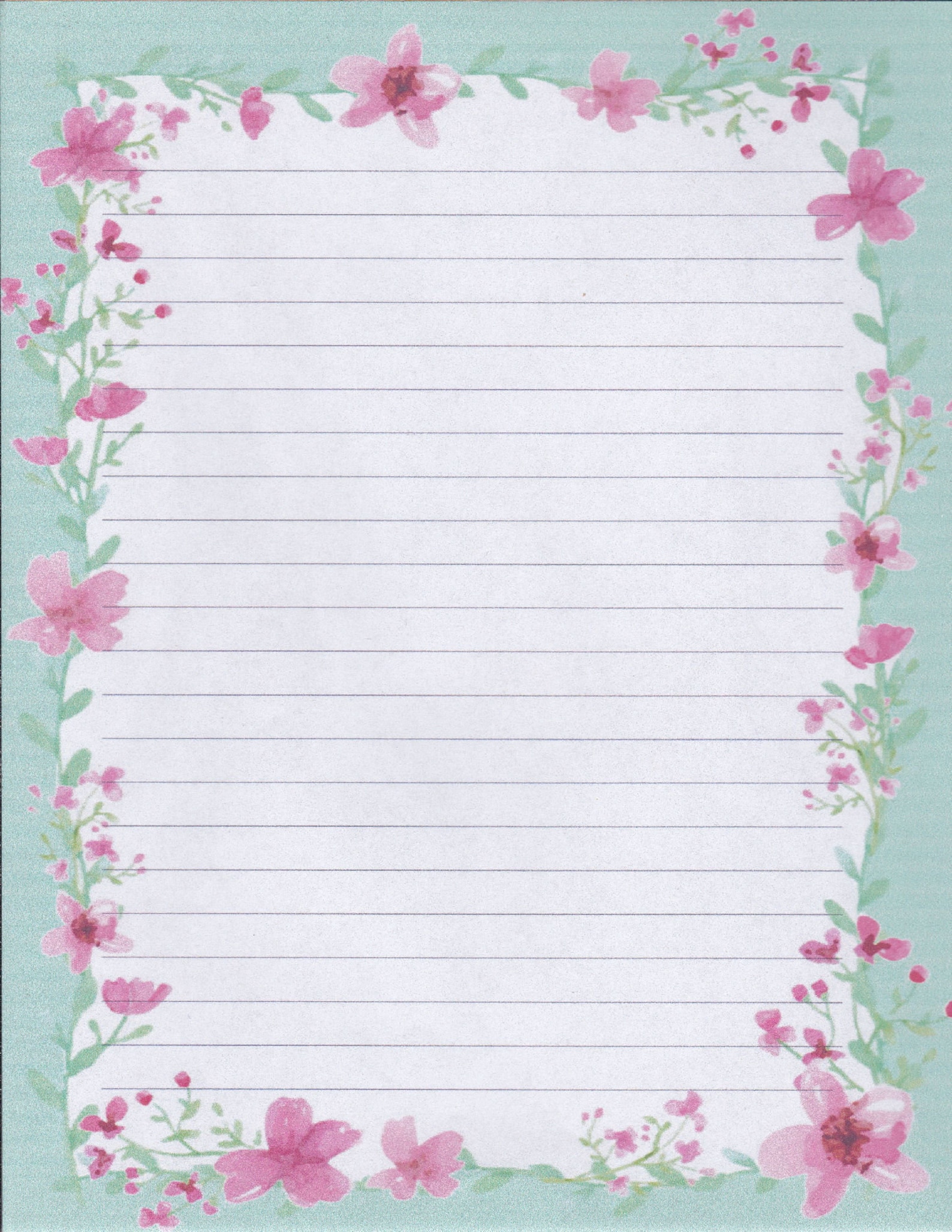 Green and Pink Floral Border Lined Stationery - Etsy