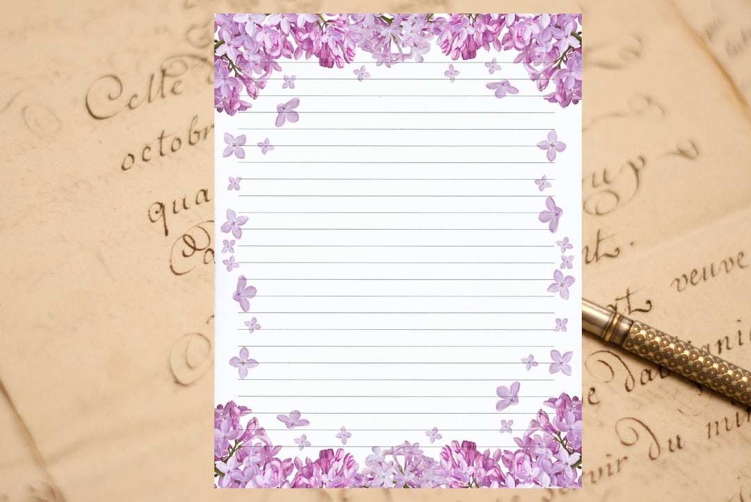 Violet Floral Bordered Lined Stationery 8.5"x11" 25 Sheets and 10 Color ...
