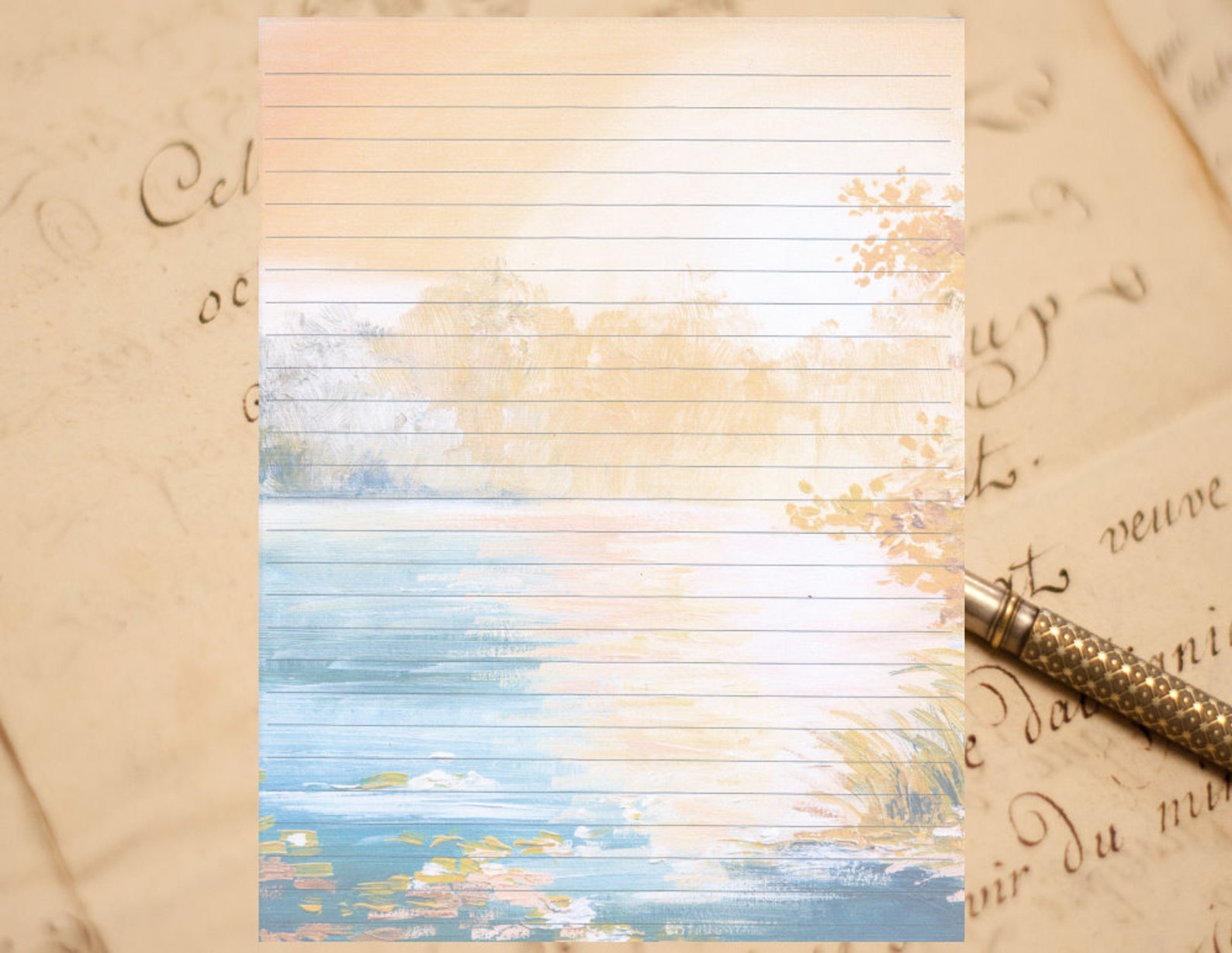 Sunset on A Pond Lined Stationery 8.5" X 11" 25 Sheets and 10 Color Co ...