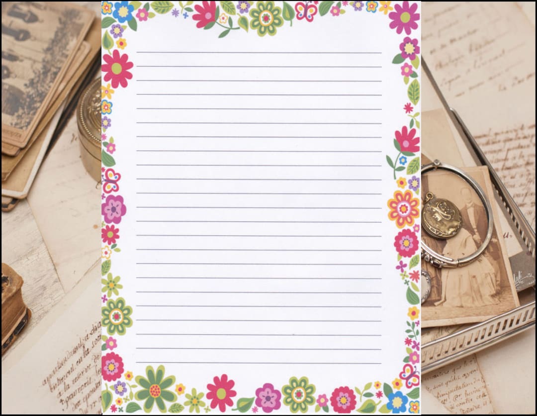 Pretty Flowered Bordered Fine Lined Stationery 8.5" X 11" 25 Sheets and ...