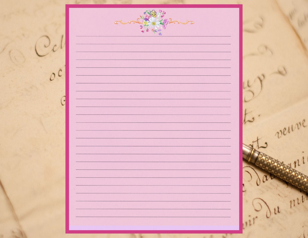 Pink Flower Fine Lined Stationery 8.5" X 11" 25 Sheets and 10 Color Co ...