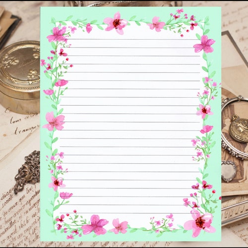 Green and Pink Floral Border Lined Stationery - Etsy