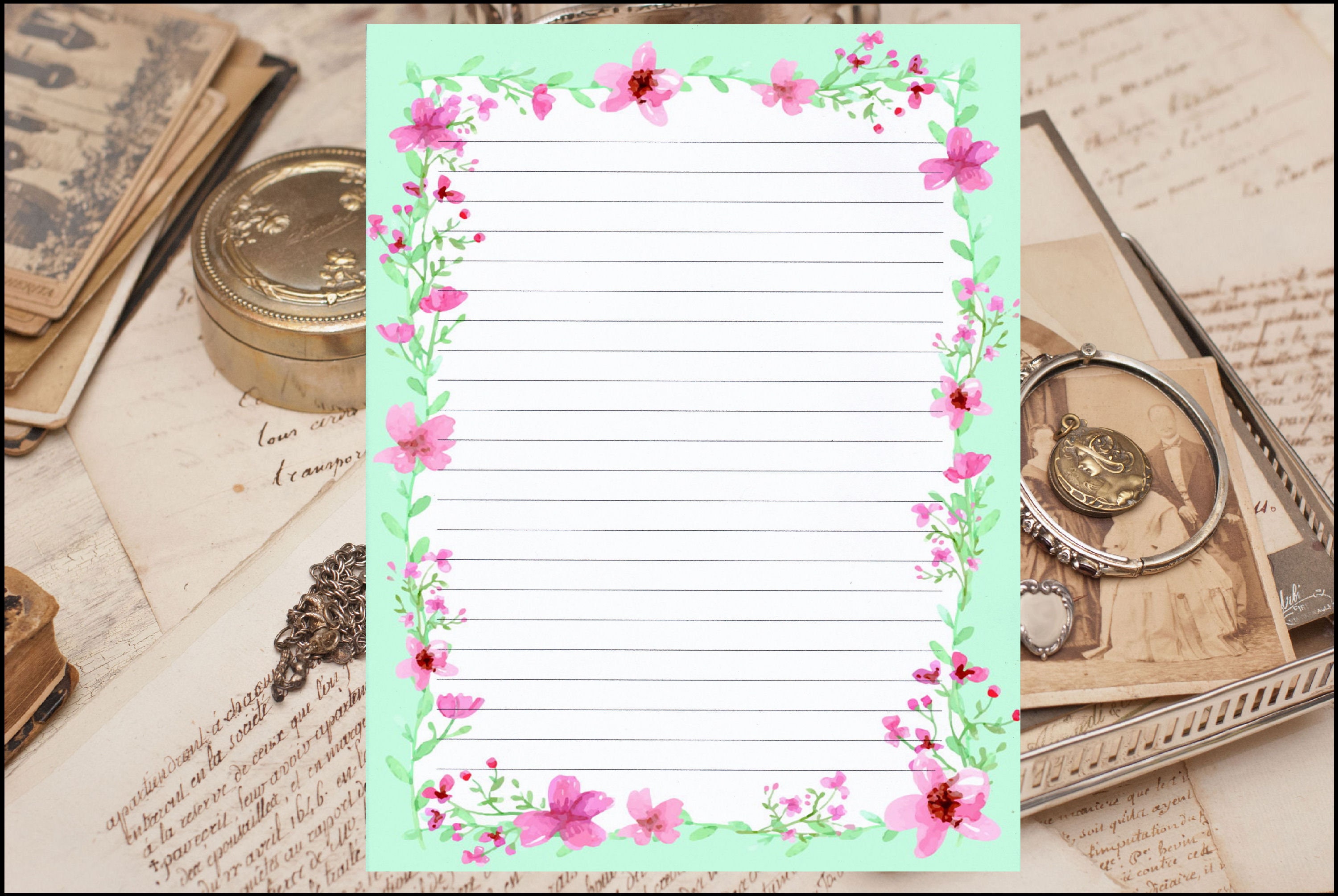 Green and Pink Floral Border Lined Stationery 8.5"x11" 25 Sheets & 10 ...