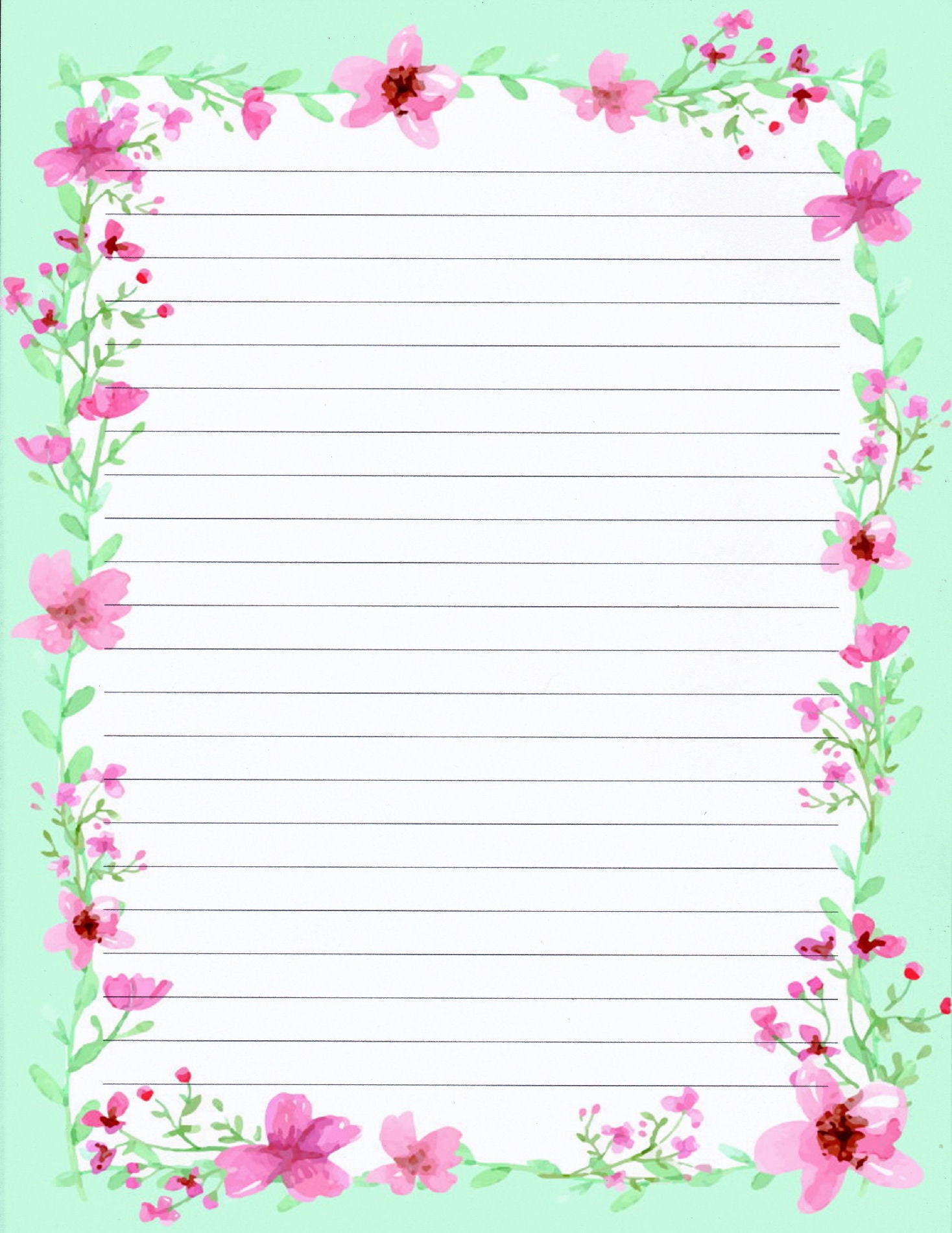Green and Pink Floral Border Lined Stationery - Etsy