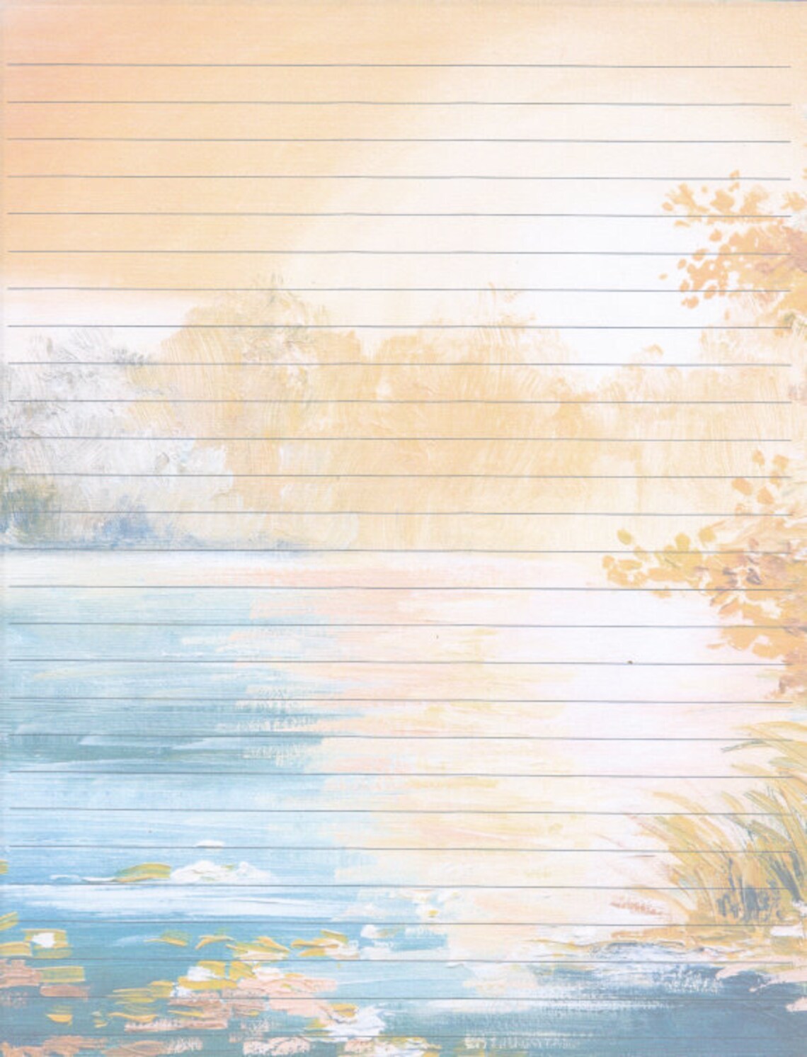 Sunset on A Pond Lined Stationery 8.5" X 11" 25 Sheets and 10 Color Co ...