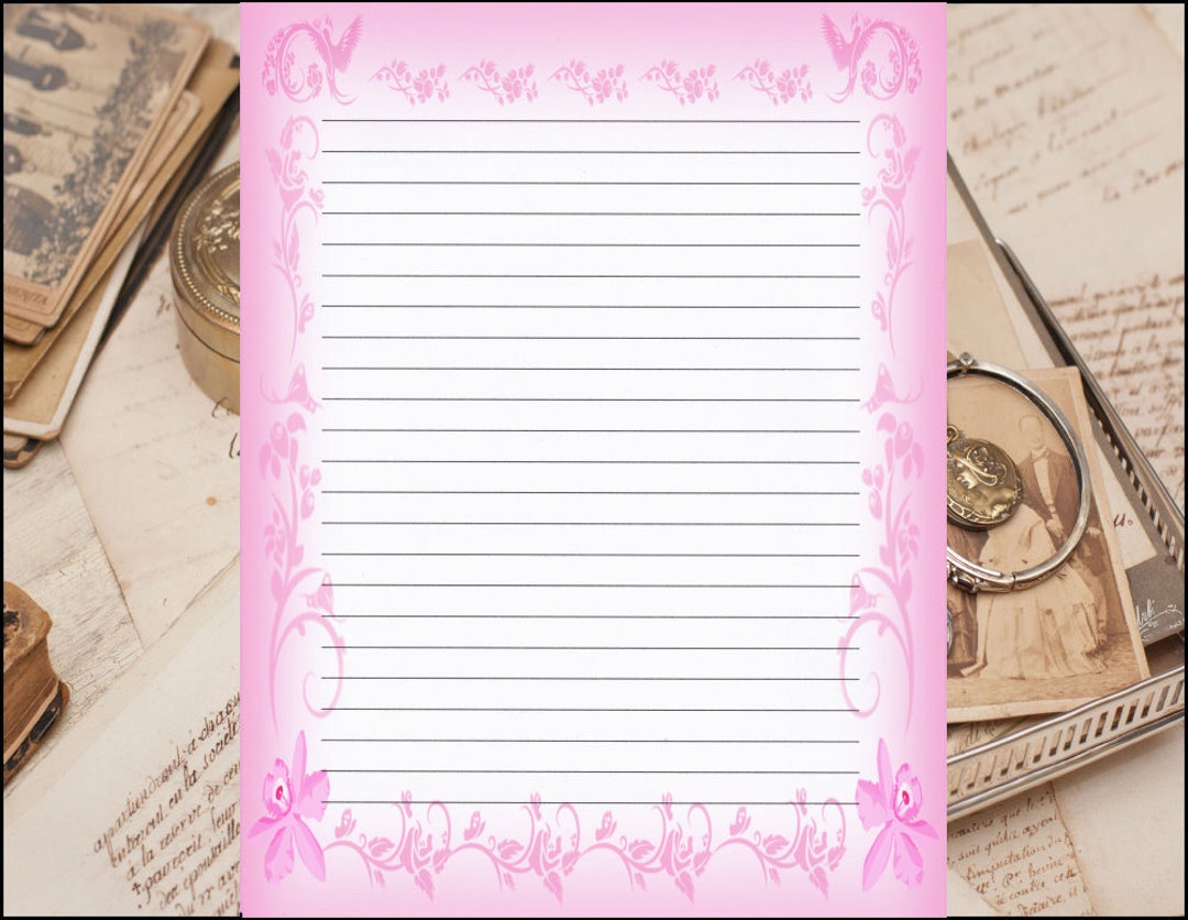 Pink Bordered Fine Lined Stationery 8.5" X 11" 25 Sheets and 10 Color ...