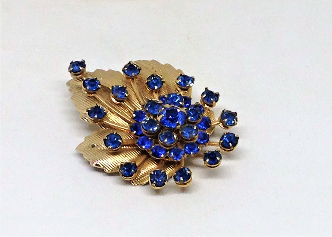 Broche strass vintage, broche strass bleu, broche feuille d'or, broche ...
