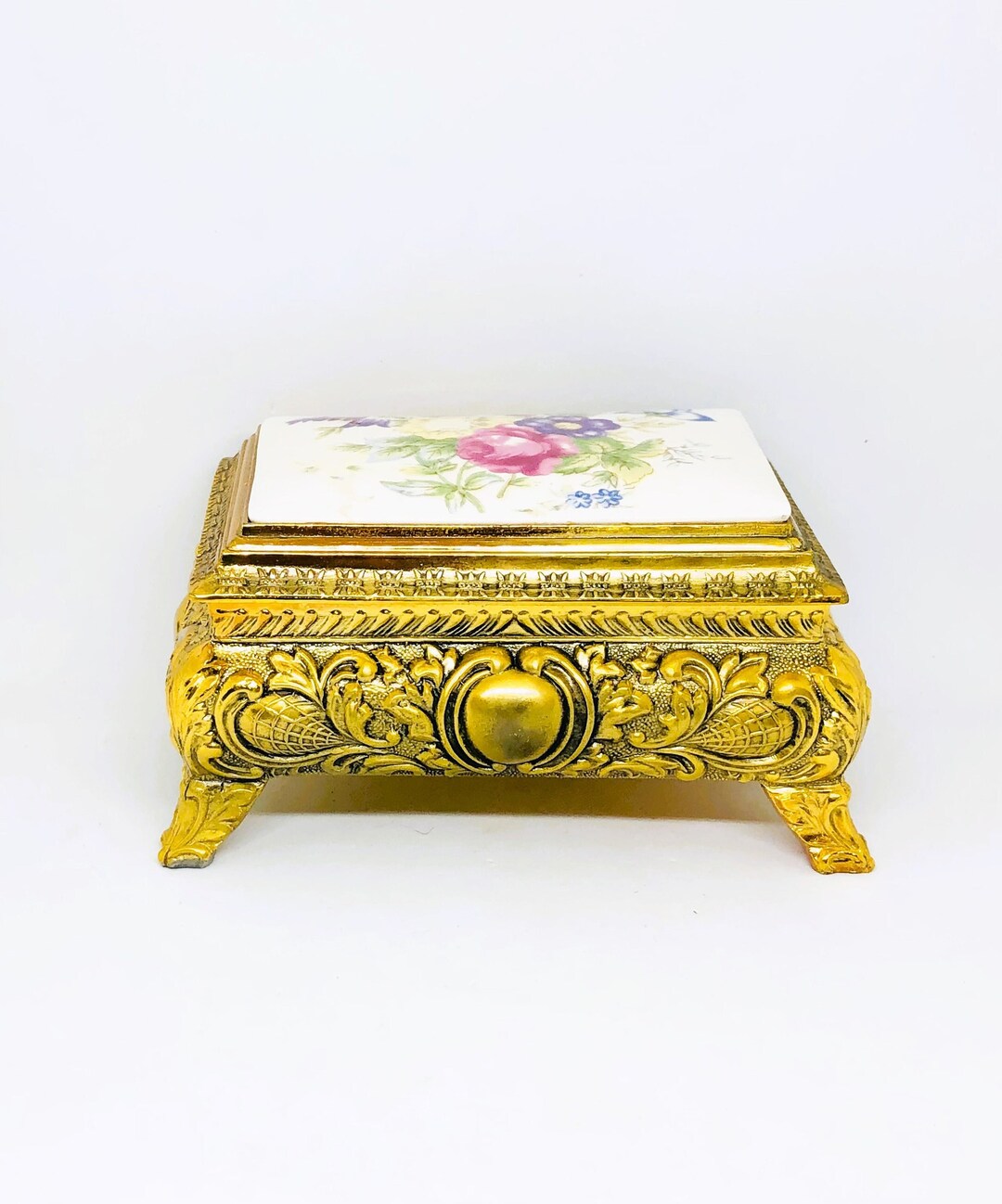 Vintage Jewelry Box, Gold Metal Jewel Box, Enameled Top Box, Japan ...