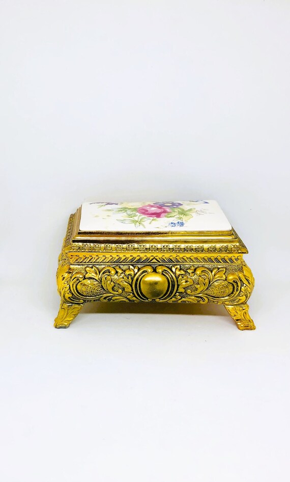 Vintage Jewelry Box, Gold Metal Jewel Box, Enameled T… - Gem