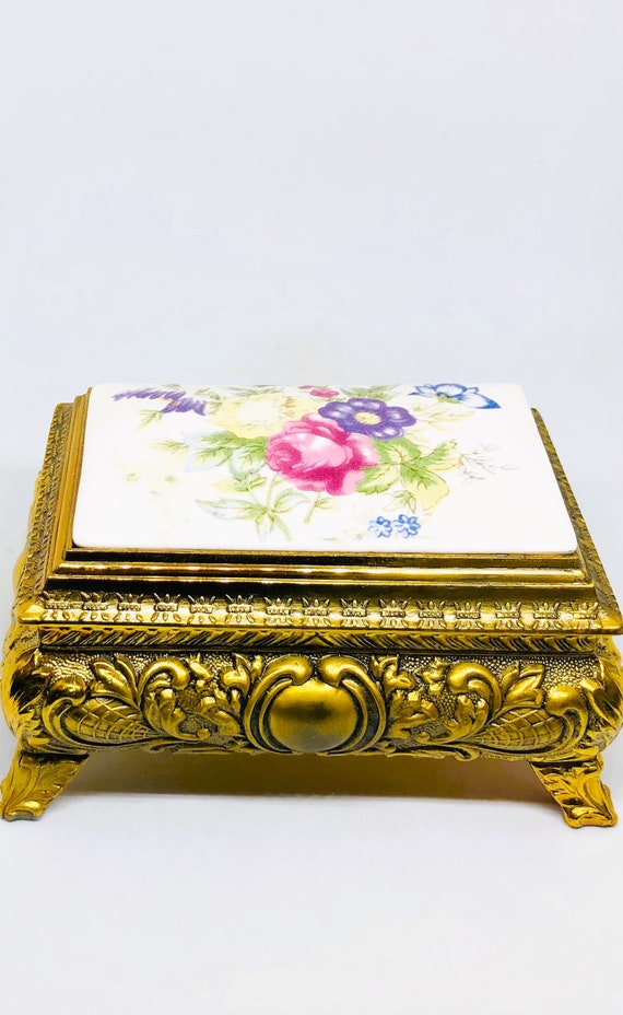Vintage Jewelry Box, Gold Metal Jewel Box, Enameled T… - Gem