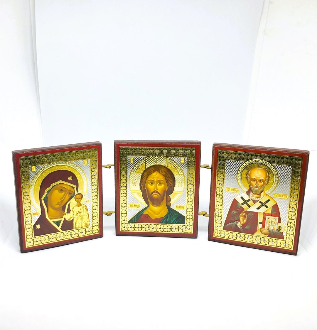 Vintage Religious Triptych, Religious Icons, Madonna, Jesus, Saints, Religious Foil Triptych ...