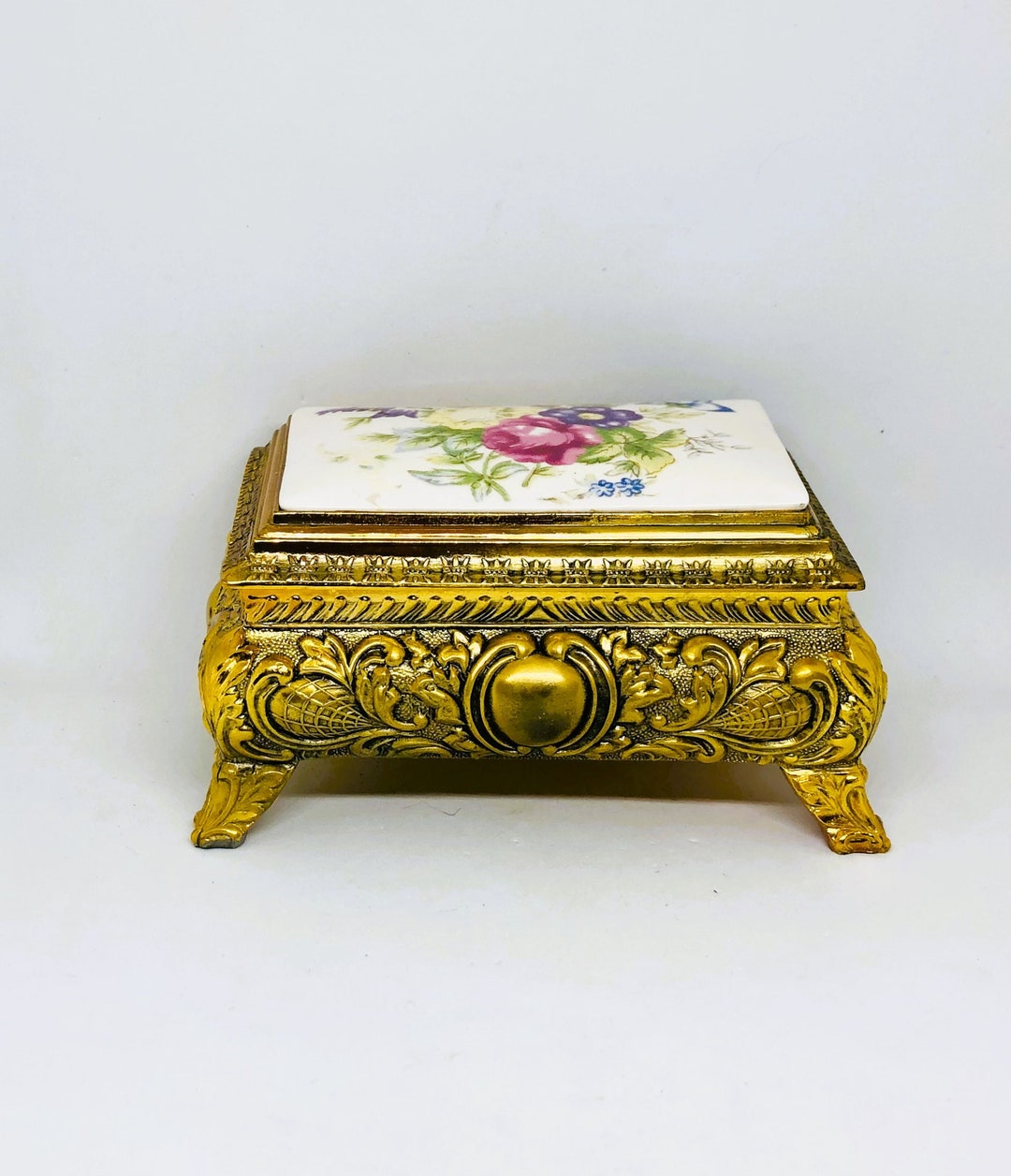 Vintage Jewelry Box Gold Metal Jewel Box Enameled Top Box - Etsy