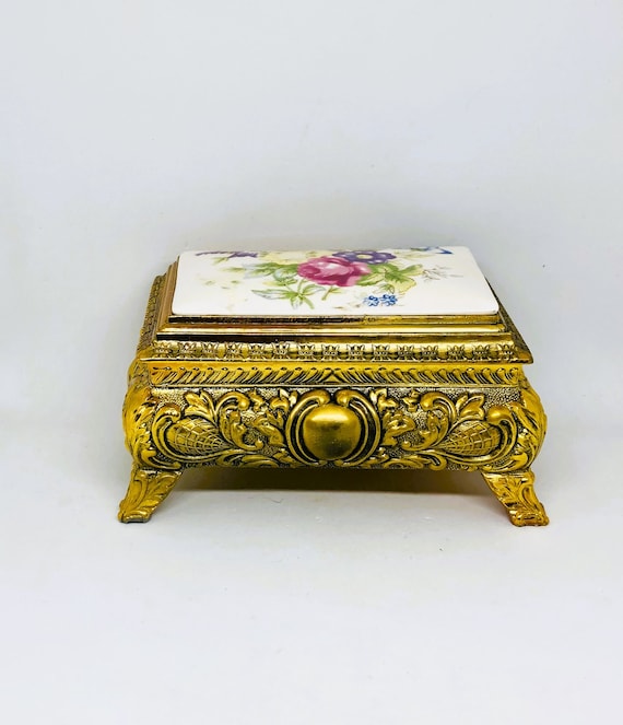 Vintage Jewelry Box, Gold Metal Jewel Box, Enameled T… - Gem