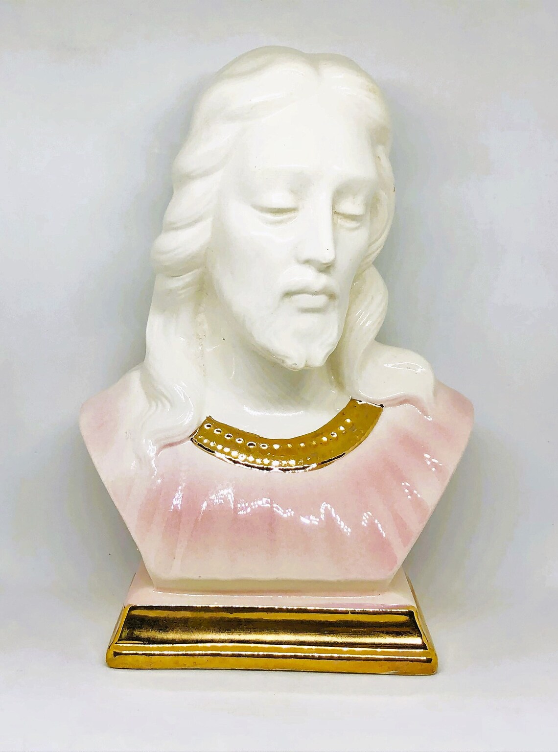 Vintage Porcelain Jesus Bust: White, Gold & Pink Figurine - Etsy