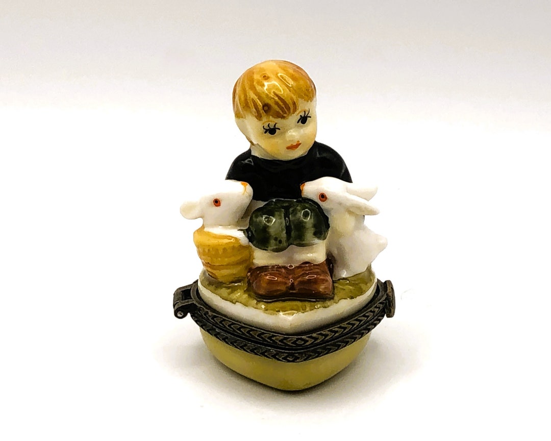 Vintage Trinket Box, Boy With Rabbits, Ring Box, Pill Box, Heart ...