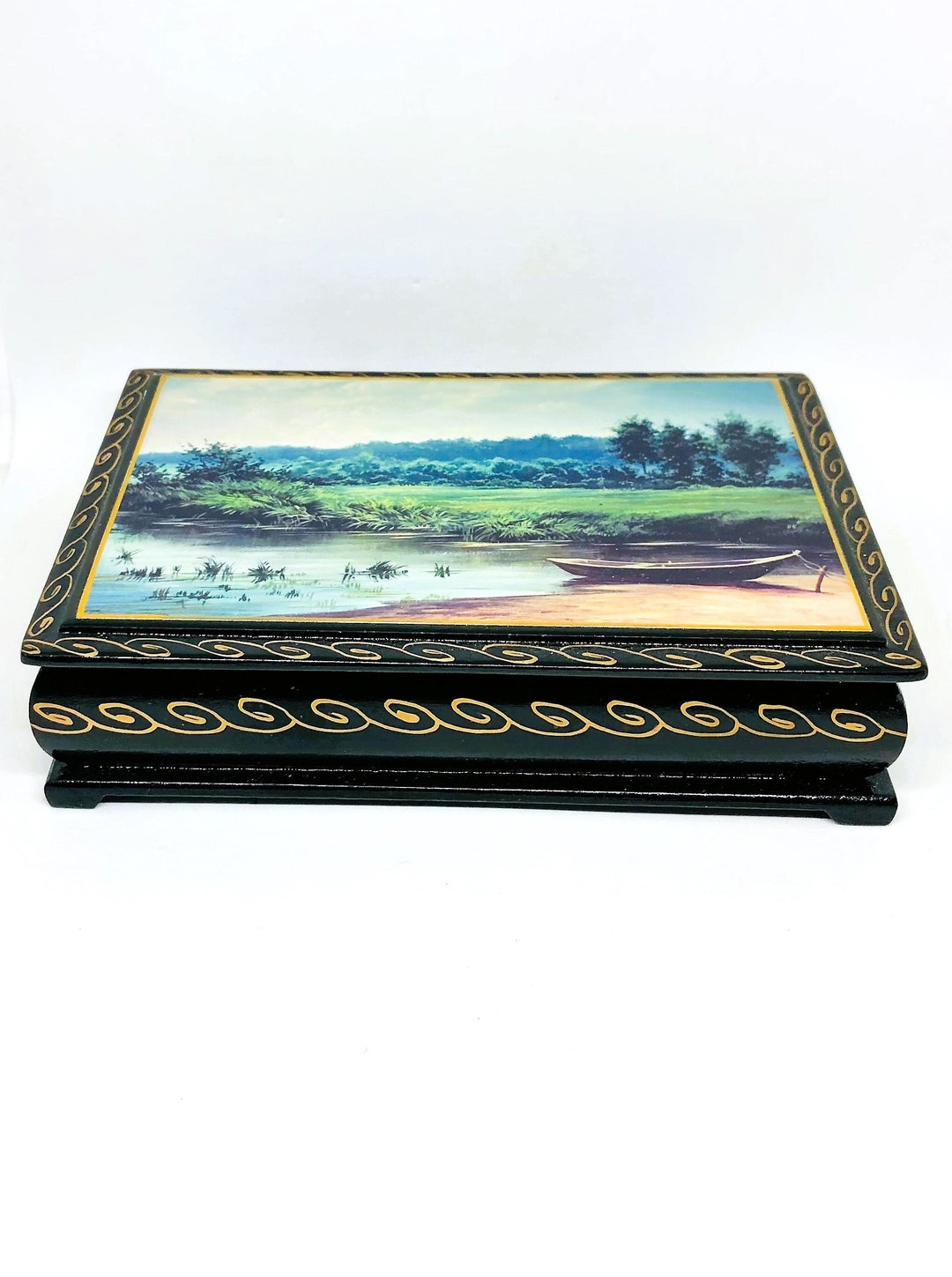 Vintage Hand Painted Lacquered Box: Boat Scene Trinket Keepsake - Etsy