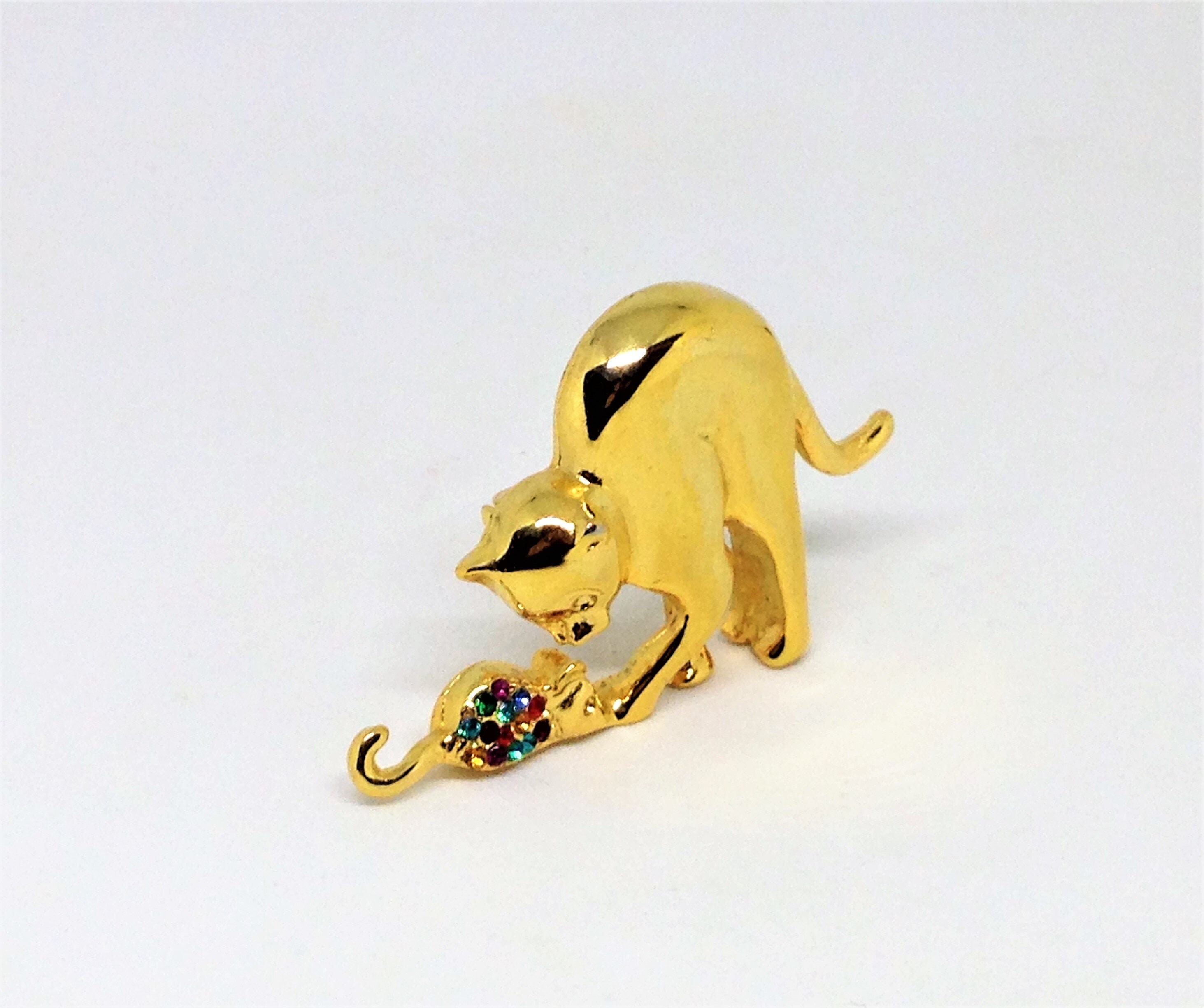 Gold Cat Brooch Rhinestone Mouse Pin Multi Color Rhinestone - Etsy