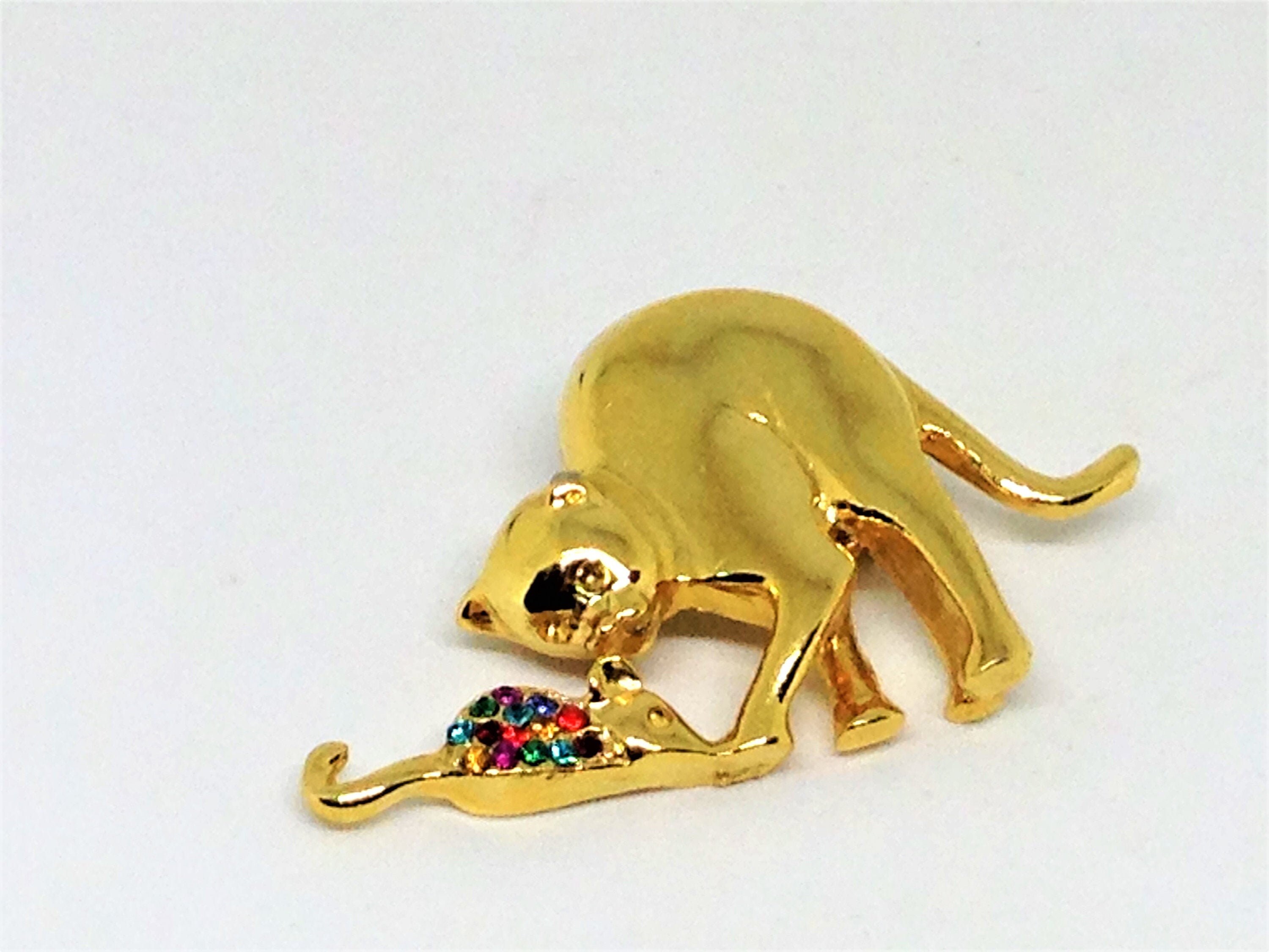 Gold Cat Brooch Rhinestone Mouse Pin Multi Color Rhinestone - Etsy