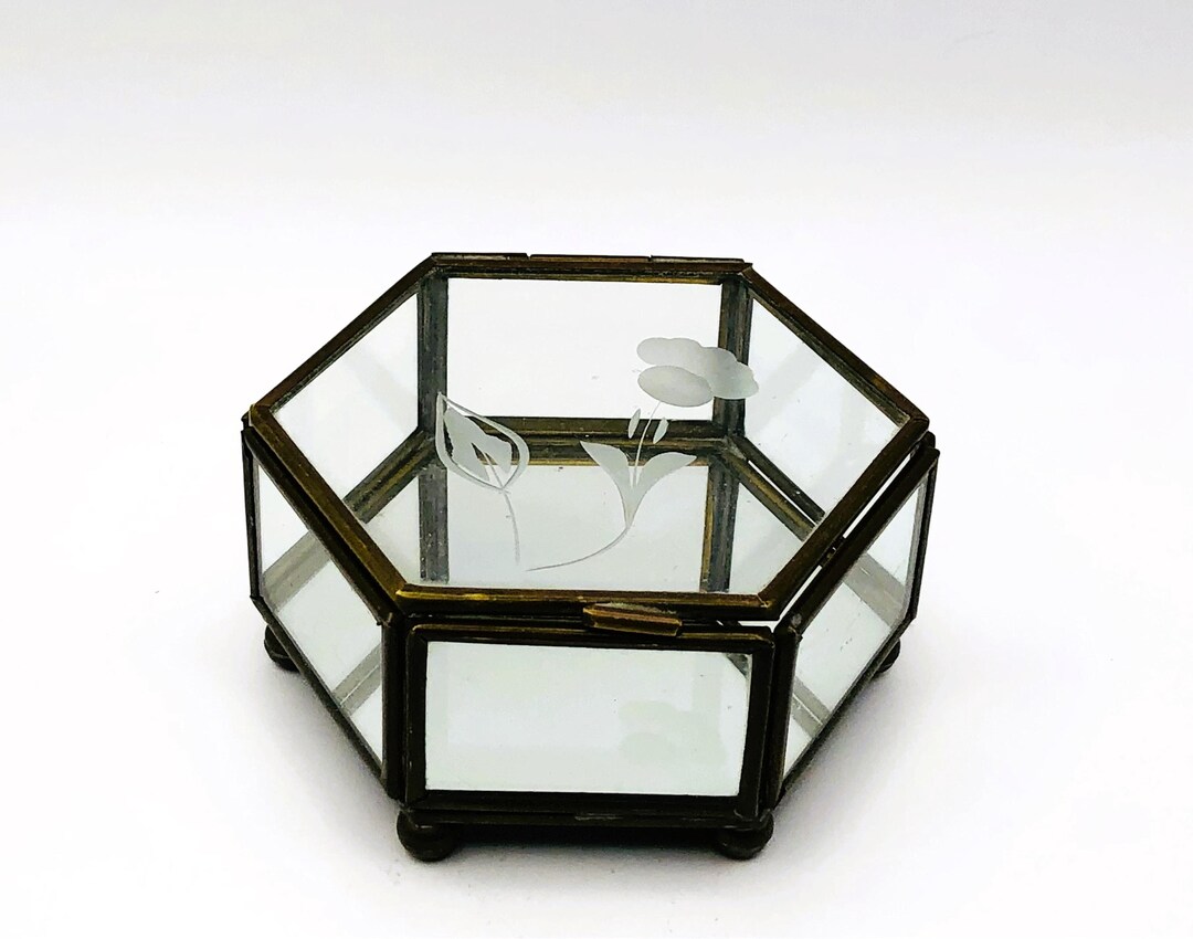 Vintage Glass Box, Glass Brass Metal Box, Display Box, Mirrored Bottom ...