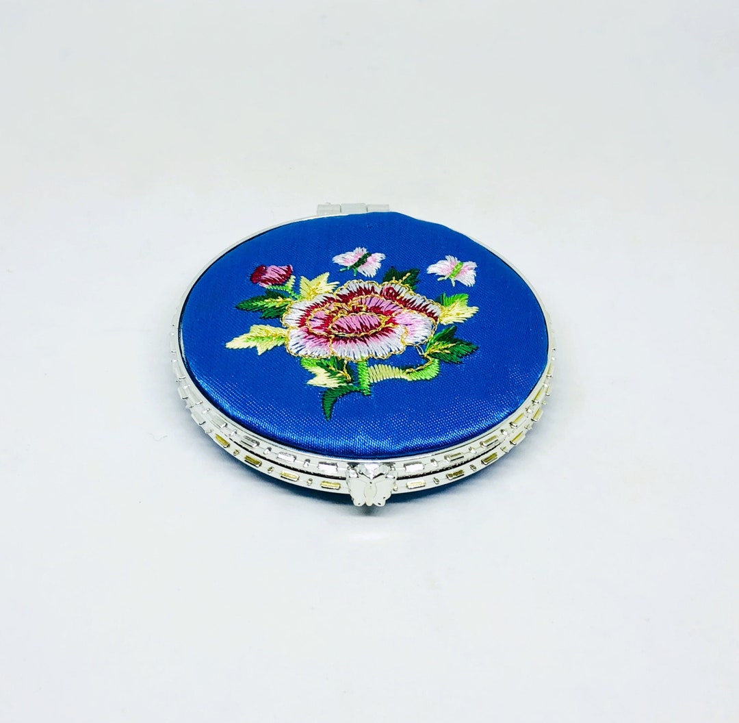 Vintage Blue Floral Embroidered Compact Mirror - Etsy