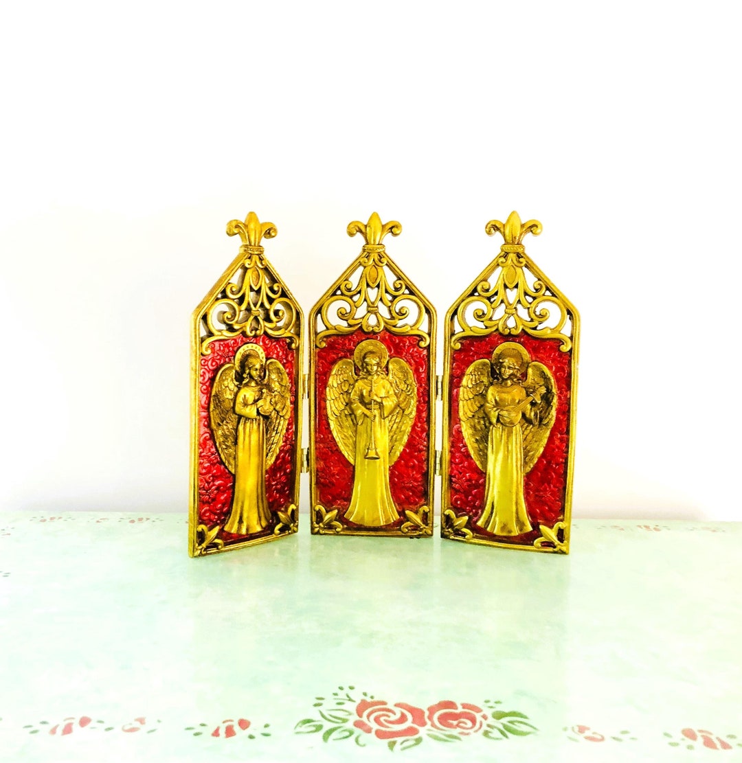 Vintage Triptych, Religious Decor, Angels Triptych, Gold Red Triptych, Religious Shrine, Folding ...