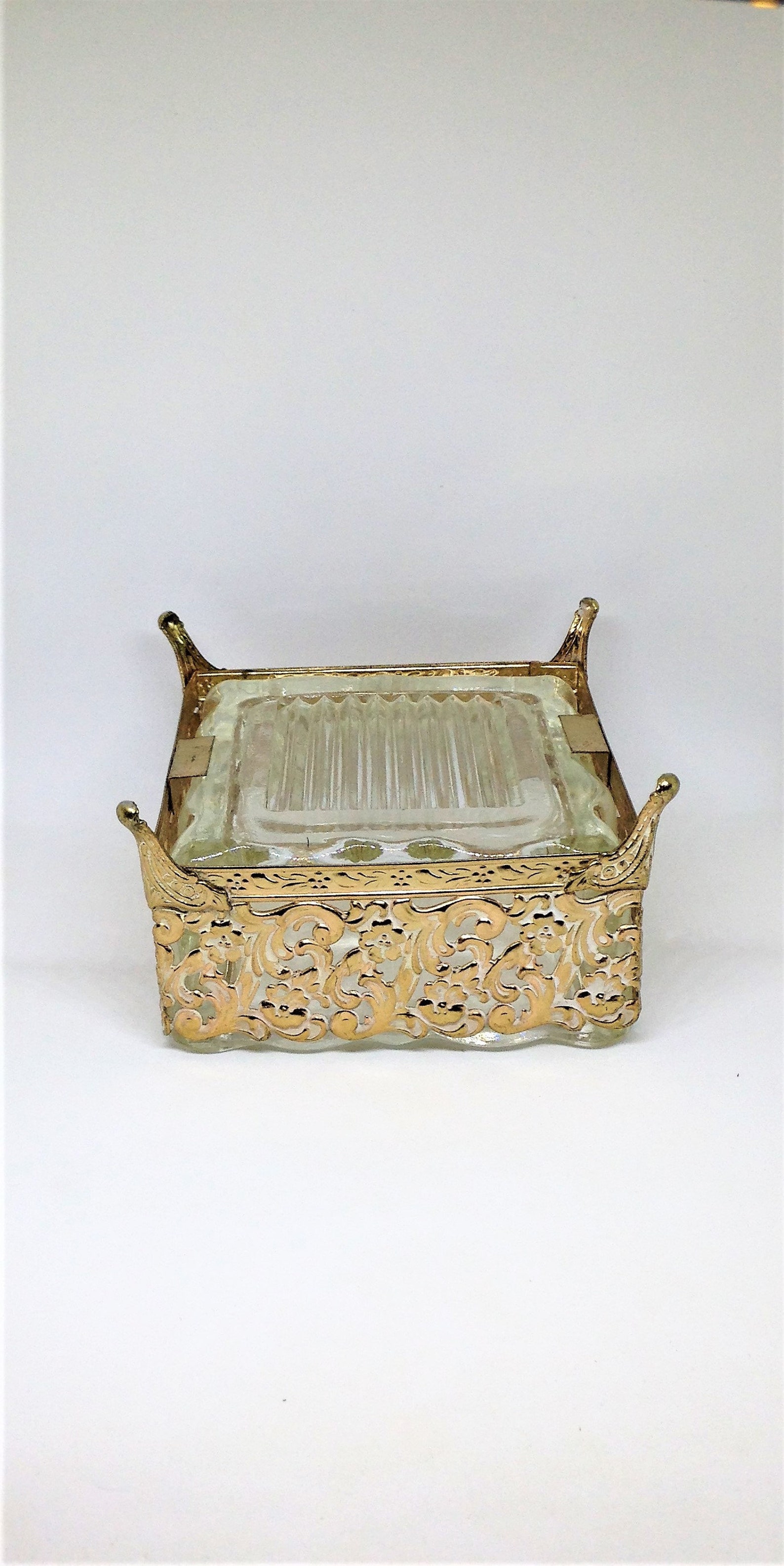 Vintage Glass Vanity Box Glass Gold Jewelry Box Glass Lid | Etsy