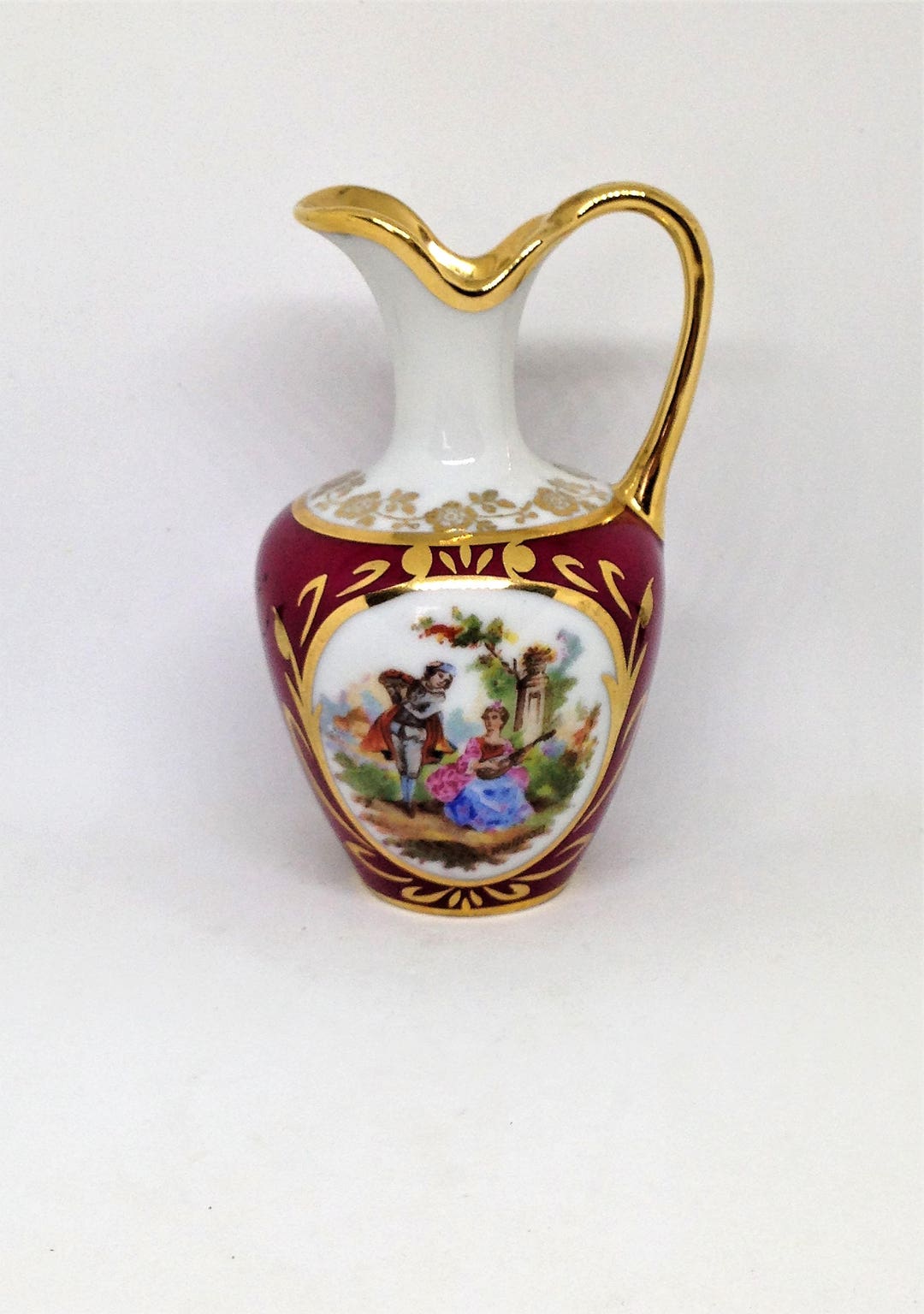 Limoges Victorian Pitcher, Couple Courting Pitcher, Burgundy and Gold ...