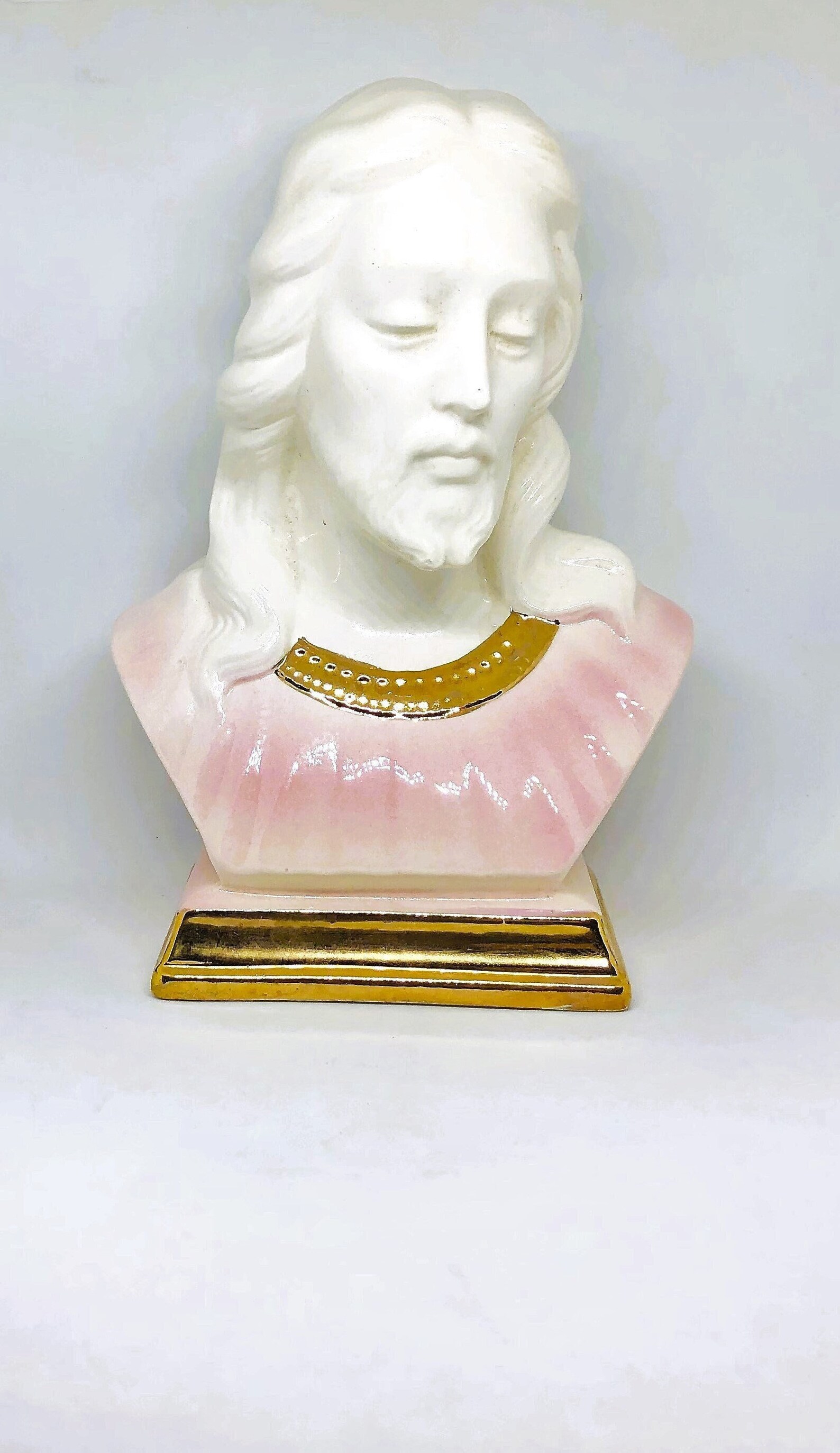 Vintage Porcelain Jesus Bust: White, Gold & Pink Figurine - Etsy