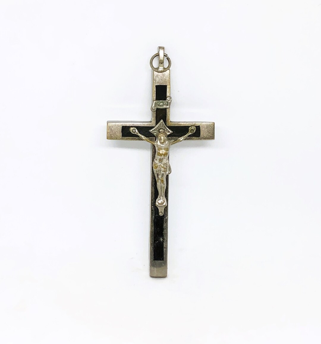 Large 4.5 Vintage Pectoral Wood Inlay Crucifix, Silver Crucifix Black ...