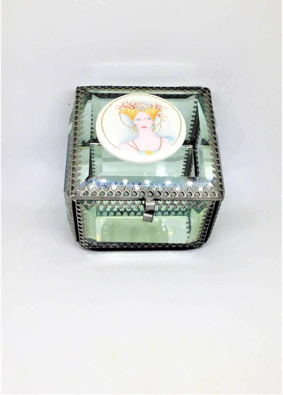 Vintage Glass Box, Glass Gold Metal Box, Display Box, Mirrored Bottom ...