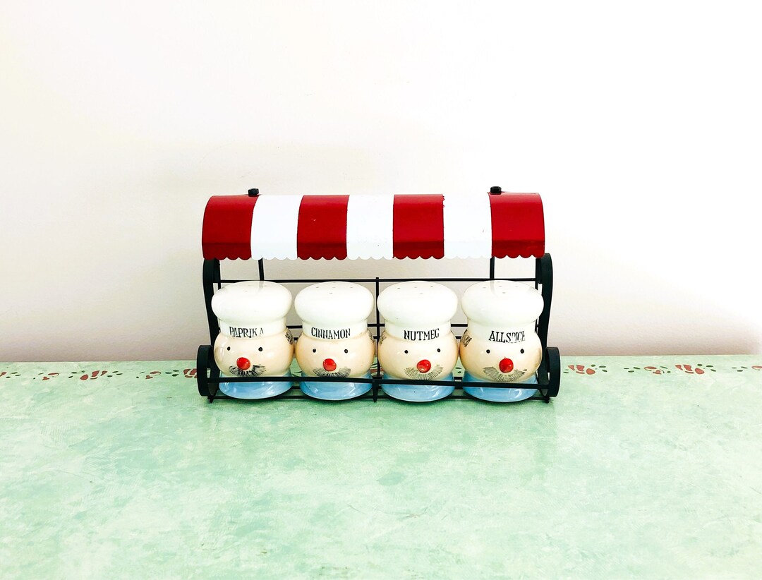 Vintage Chef Spice Rack, Spice Rack Awning, Red White Awning, 4 Chef ...