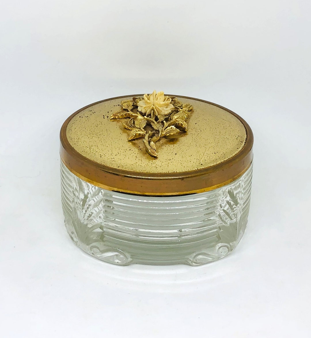 Vintage Glass Jar, Jewelry Jar, Ribbed Glass Vanity Jar, Gold Embossed ...