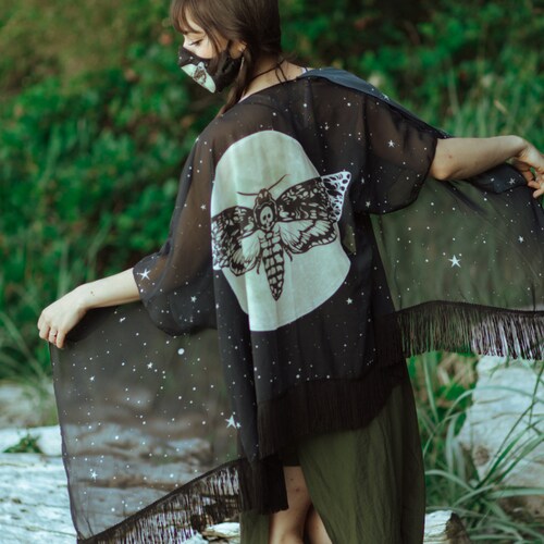 Moth Kimono With Stars and Moon / Sheer Chiffon Kimono Robe / - Etsy