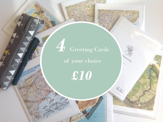 Pack of 4 Illustrated map greeting cards. Pick and mix Blank | Etsy