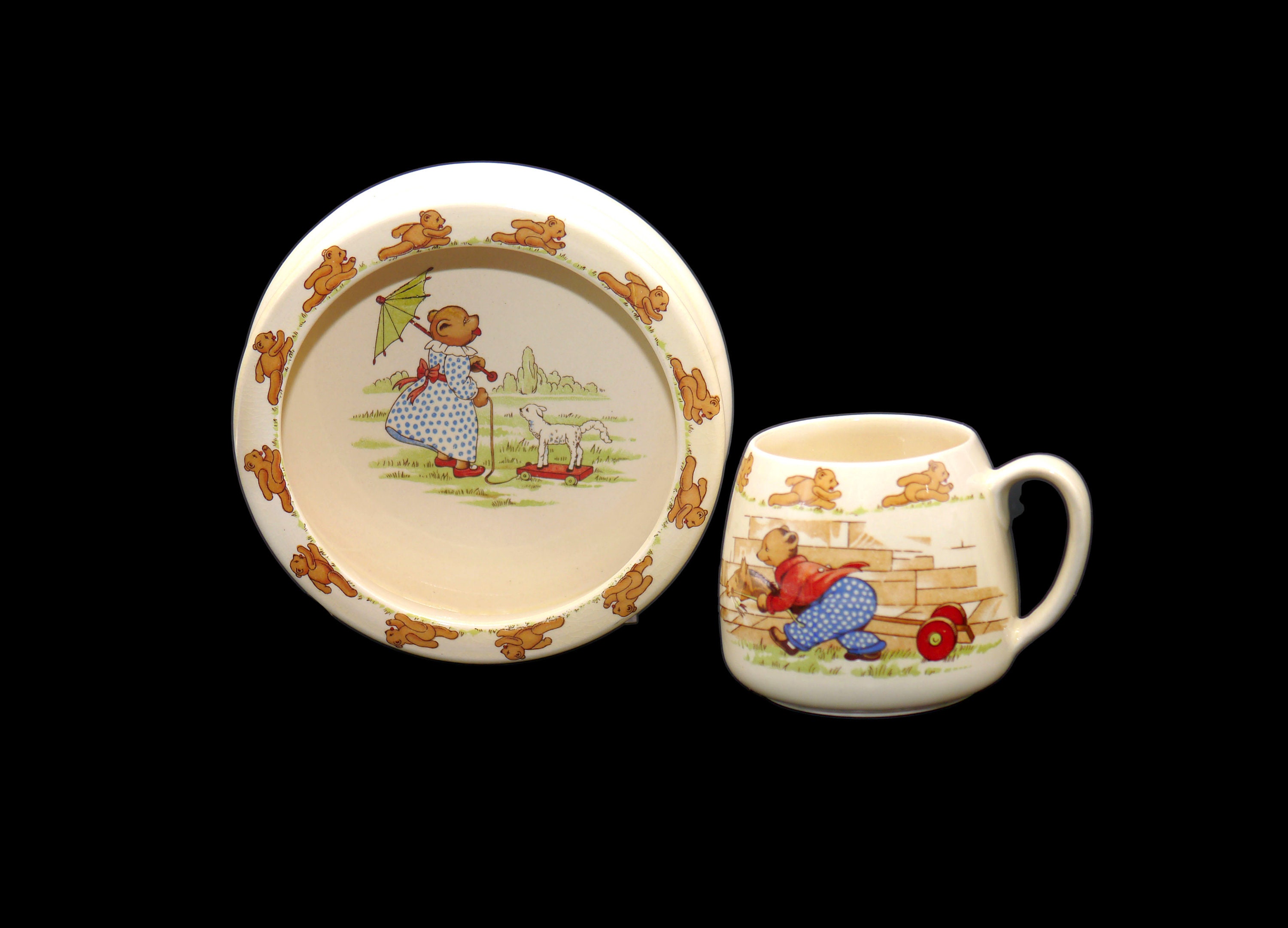 SylvaC Teddy Bears rimmed child's porridge bowl with mug made in England.